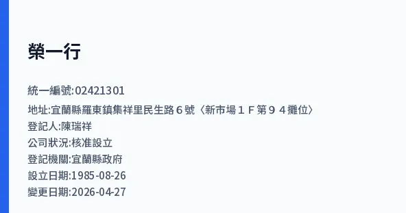 榮一行的照片-統編 02421301(宜蘭縣) 公司登記資料與營業項目詳細圖表