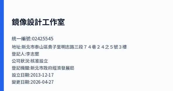 鏡像設計工作室的照片-統編 02425545(新北市) 公司登記資料與營業項目詳細圖表