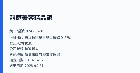 靚庭美容精品館的照片-統編 02425670(新北市) 公司登記資料與營業項目詳細圖表