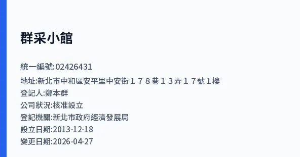 群采小館的照片-統編 02426431(新北市) 公司登記資料與營業項目詳細圖表