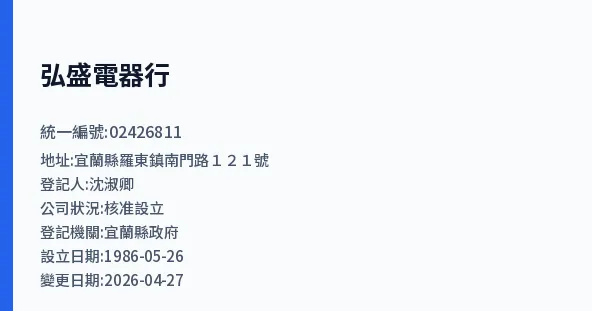 弘盛電器行的照片-統編 02426811(宜蘭縣) 公司登記資料與營業項目詳細圖表