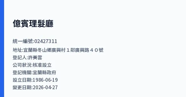 億賓理髮廳的照片-統編 02427311(宜蘭縣) 公司登記資料與營業項目詳細圖表