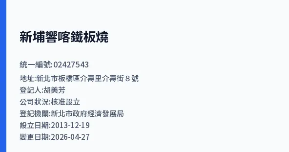 新埔響喀鐵板燒的照片-統編 02427543(新北市) 公司登記資料與營業項目詳細圖表