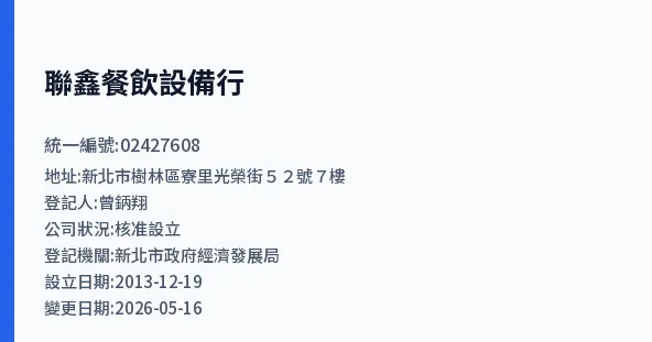 聯鑫餐飲設備行的照片-統編 02427608(新北市) 公司登記資料與營業項目詳細圖表