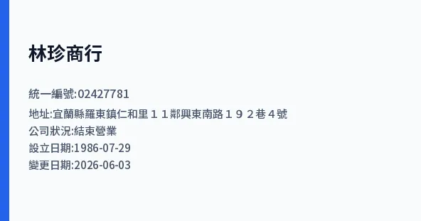 林珍商行的照片-統編 02427781(宜蘭縣) 公司登記資料與營業項目詳細圖表
