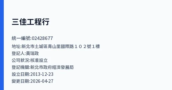 三佳工程行的照片-統編 02428677(新北市) 公司登記資料與營業項目詳細圖表