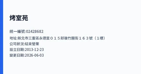 烤室苑的照片-統編 02428682(新北市) 公司登記資料與營業項目詳細圖表