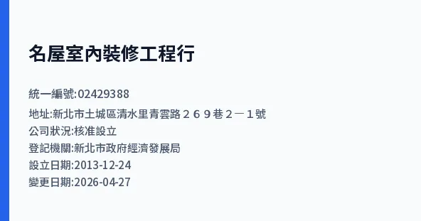 名屋室內裝修工程行的照片-統編 02429388(新北市) 公司登記資料與營業項目詳細圖表
