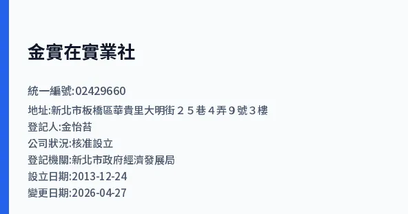 金實在實業社的照片-統編 02429660(新北市) 公司登記資料與營業項目詳細圖表