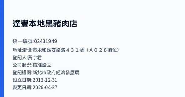 達豐本地黑豬肉店的照片-統編 02431949(新北市) 公司登記資料與營業項目詳細圖表
