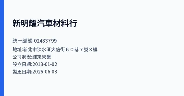 新明耀汽車材料行的照片-統編 02433799(新北市) 公司登記資料與營業項目詳細圖表