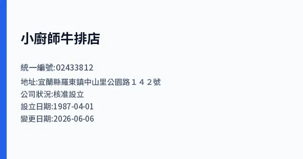 小廚師牛排店的照片-統編 02433812(宜蘭縣) 公司登記資料與營業項目詳細圖表