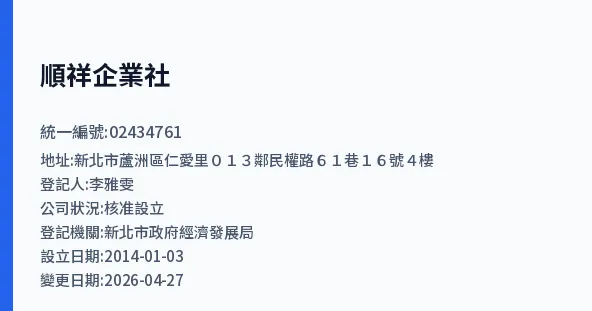順祥企業社的照片-統編 02434761(新北市) 公司登記資料與營業項目詳細圖表