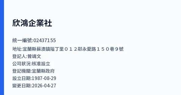 欣鴻企業社的照片-統編 02437155(宜蘭縣) 公司登記資料與營業項目詳細圖表