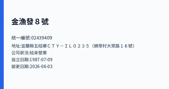 金漁發8號的照片-統編 02439409(宜蘭縣) 公司登記資料與營業項目詳細圖表