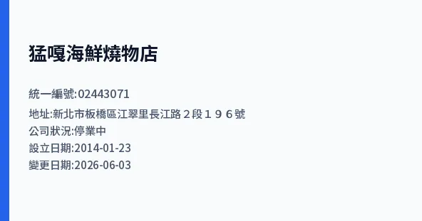 猛嘎海鮮燒物店的照片-統編 02443071(新北市) 公司登記資料與營業項目詳細圖表