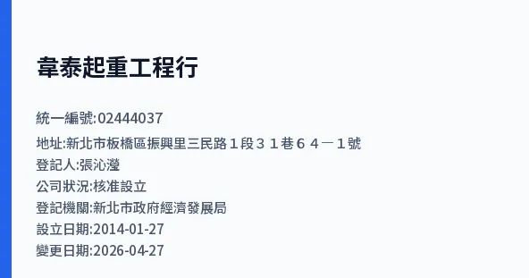 韋泰起重工程行的照片-統編 02444037(新北市) 公司登記資料與營業項目詳細圖表
