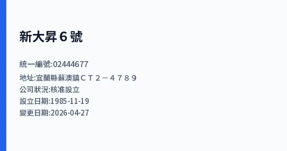 新大昇6號的照片-統編 02444677(宜蘭縣) 公司登記資料與營業項目詳細圖表