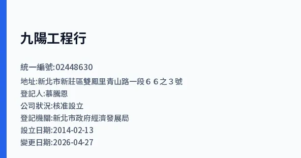 九陽工程行的照片-統編 02448630(新北市) 公司登記資料與營業項目詳細圖表