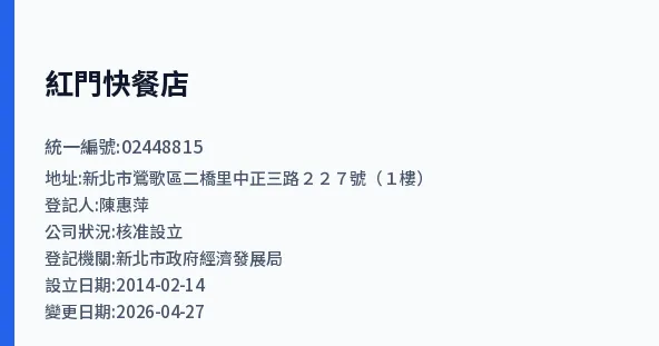 紅門快餐店的照片-統編 02448815(新北市) 公司登記資料與營業項目詳細圖表