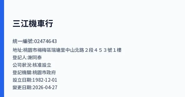 三江機車行的照片-統編 02474643(桃園市) 公司登記資料與營業項目詳細圖表