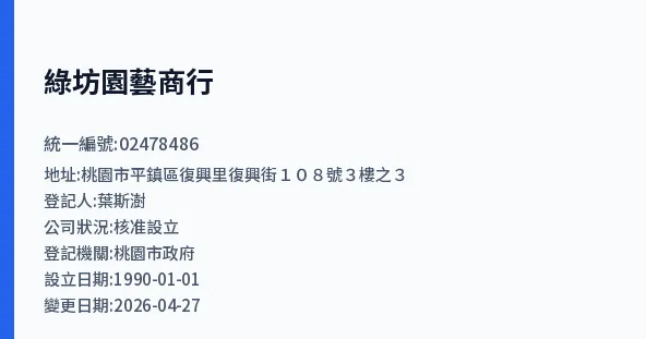 綠坊園藝商行的照片-統編 02478486(桃園市) 公司登記資料與營業項目詳細圖表