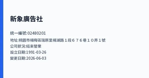 新象廣告社的照片-統編 02480201(桃園市) 公司登記資料與營業項目詳細圖表