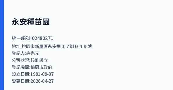 永安種苗園的照片-統編 02480271(桃園市) 公司登記資料與營業項目詳細圖表
