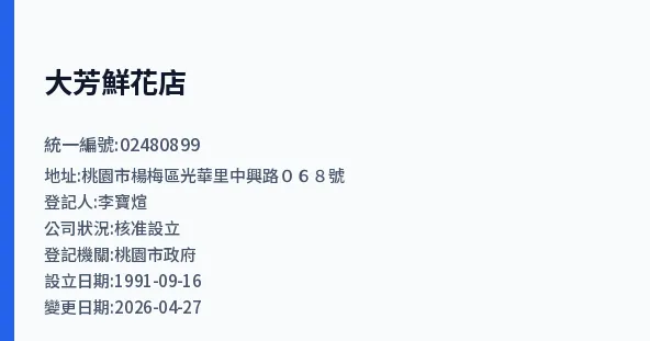 大芳鮮花店的照片-統編 02480899(桃園市) 公司登記資料與營業項目詳細圖表