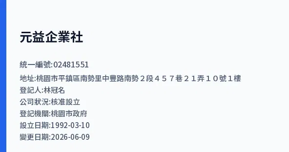 元益企業社的照片-統編 02481551(桃園市) 公司登記資料與營業項目詳細圖表