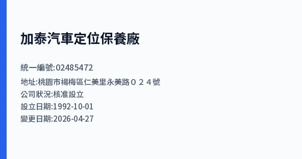 加泰汽車定位保養廠的照片-統編 02485472(桃園市) 公司登記資料與營業項目詳細圖表
