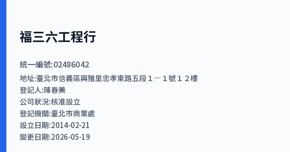 福三六工程行的照片-統編 02486042(臺北市) 公司登記資料與營業項目詳細圖表