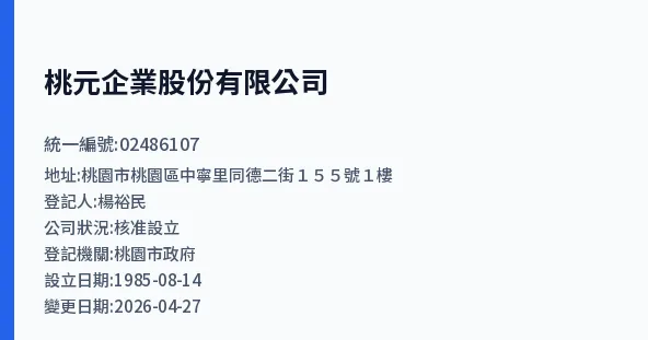 桃元企業股份有限公司的照片-統編 02486107(桃園市) 公司登記資料與營業項目詳細圖表