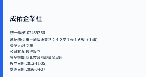 成佑企業社的照片-統編 02489266(新北市) 公司登記資料與營業項目詳細圖表