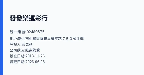 發發樂運彩行的照片-統編 02489575(新北市) 公司登記資料與營業項目詳細圖表