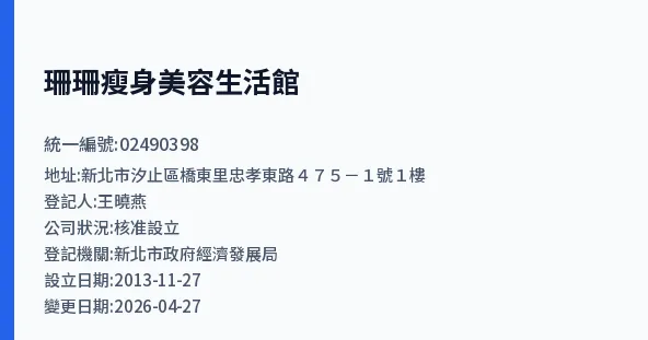 珊珊瘦身美容生活館的照片-統編 02490398(新北市) 公司登記資料與營業項目詳細圖表