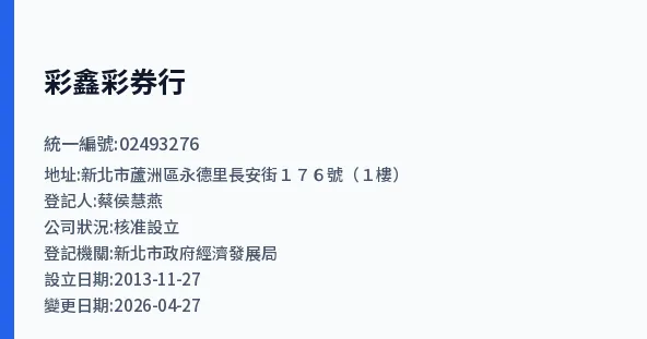 彩鑫彩券行的照片-統編 02493276(新北市) 公司登記資料與營業項目詳細圖表