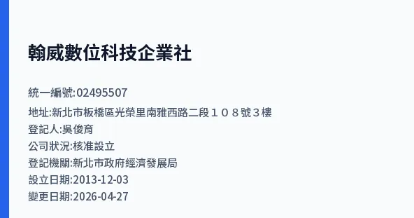 翰威數位科技企業社的照片-統編 02495507(新北市) 公司登記資料與營業項目詳細圖表
