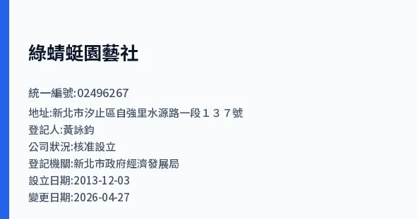 綠蜻蜓園藝社的照片-統編 02496267(新北市) 公司登記資料與營業項目詳細圖表