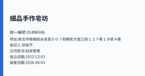 細品手作皂坊的照片-統編 02496506(新北市) 公司登記資料與營業項目詳細圖表