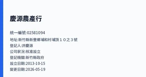 慶源農產行的照片-統編 02581094(新竹縣) 公司登記資料與營業項目詳細圖表