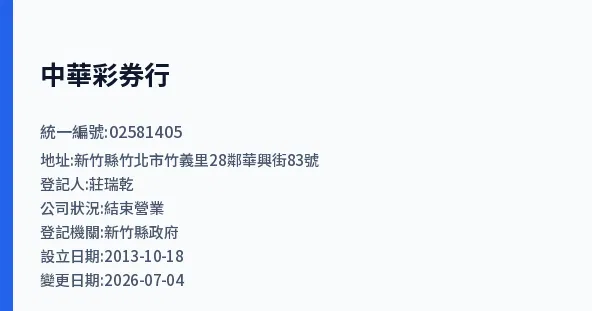 中華彩券行的照片-統編 02581405(新竹縣) 公司登記資料與營業項目詳細圖表