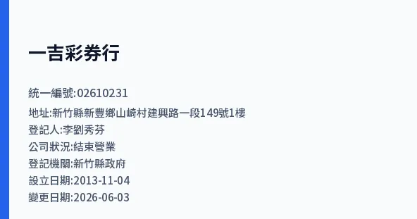 一吉彩券行的照片-統編 02610231(新竹縣) 公司登記資料與營業項目詳細圖表