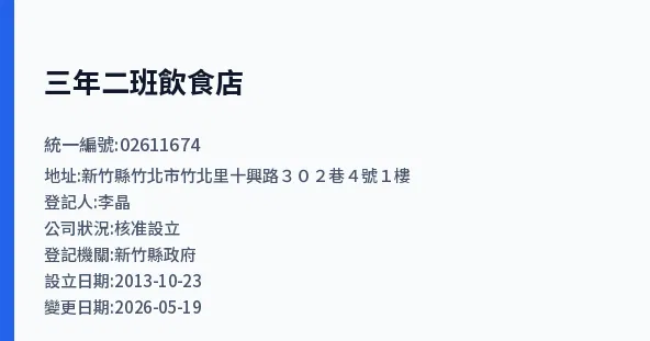 三年二班飲食店的照片-統編 02611674(新竹縣) 公司登記資料與營業項目詳細圖表