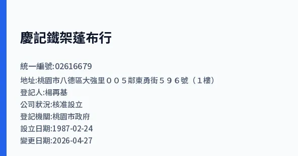 慶記鐵架蓬布行的照片-統編 02616679(桃園市) 公司登記資料與營業項目詳細圖表