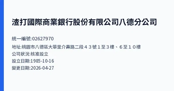 渣打國際商業銀行股份有限公司八德分公司的照片-統編 02627970(桃園市) 公司登記資料與營業項目詳細圖表