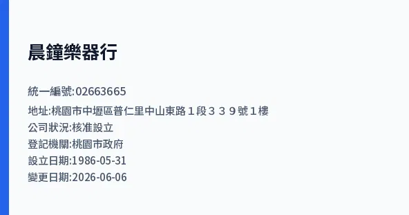晨鐘樂器行的照片-統編 02663665(桃園市) 公司登記資料與營業項目詳細圖表