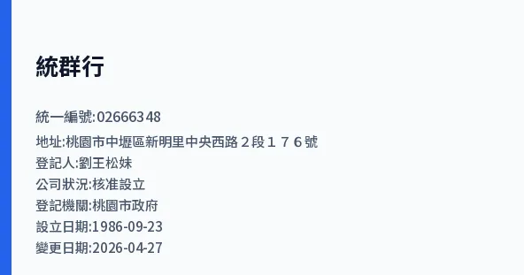統群行的照片-統編 02666348(桃園市) 公司登記資料與營業項目詳細圖表