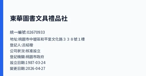 東華圖書文具禮品社的照片-統編 02670933(桃園市) 公司登記資料與營業項目詳細圖表