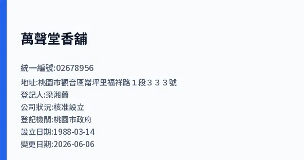 萬聲堂香舖的照片-統編 02678956(桃園市) 公司登記資料與營業項目詳細圖表